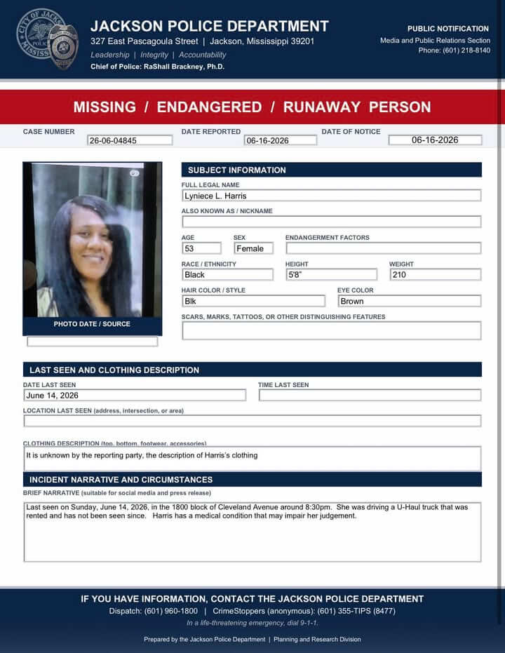 Jackson police seek public help locating 53-year-old Lyniece Harris ...
